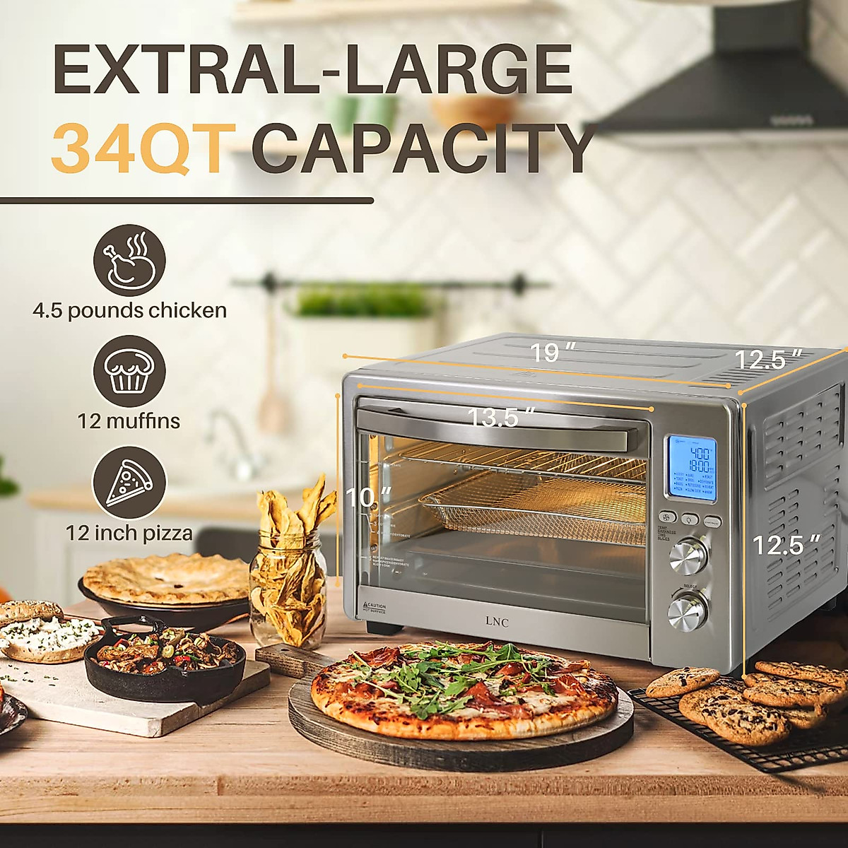 Air Fryer Oven, 34QT Extra Large 1750W Toaster Oven Air Fryer Combo, 12” Pizza Convection Oven Countertop, 12-in-1 Large Rotisserie Oven with 4 Accessories, Stainless Steel, Silver
