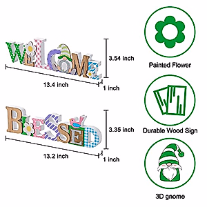 hogardeck Spring Decorations for Home, 2 Pcs WELCOME BLESSED Wood Sign Spring Decor, Rustic Gnome Flower Bird Wooden Block Set Table Centerpiece Farmhouse Ornaments for Mantle Tabletop Tiered Tray Home Decor