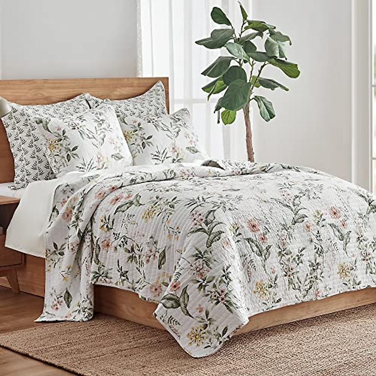 Levtex Home - Viviana Quilt Set - King Quilt + Two King Pillow Shams - Botanical Floral - Coral, Green, Yellow, Cream - Quilt (106x92in.) and Pillow Shams (36x20in.) - Reversible - Cotton