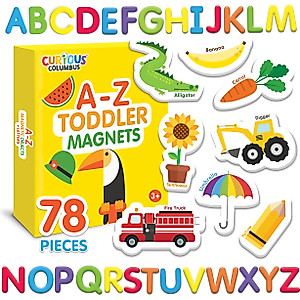 Curious Columbus Magnetic Objects and Letters. Set of 78 Foam Magnets Including 52 Pictures and 26 Uppercase Alphabet Magnets from A-Z. Best Educational Toy for Preschool Learning
