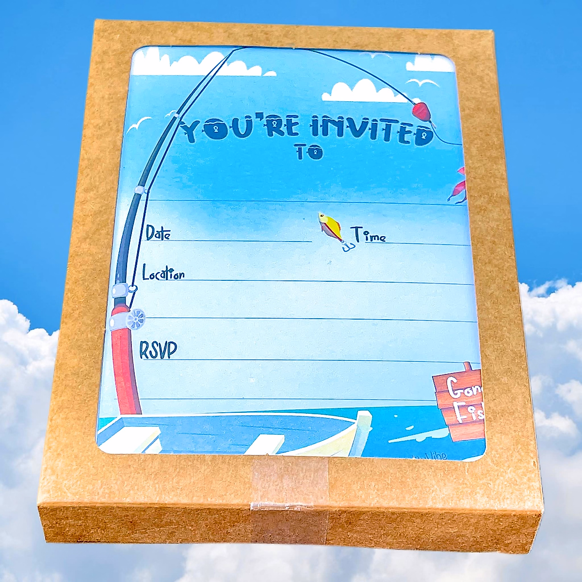 25 Gone Finishing Invitations With Envelopes, Fill In Style You're Invited Birthday Fishing Party For Adult & Kids. Boat & Fishing Rod Design With Sea & Gone Fishing Sign. Thick & Non Coated Cardstock