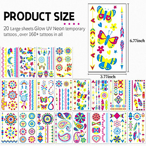 COKOHAPPY 20 Sheets Glow under UV Blacklight Neon Temporary Tattoo, 160+ Styles Neon Accessories for Glow Party, Blacklight, Bachelorette, Waterproof Luminous Fake Tattoo For Women Neno Party Rave Supplies