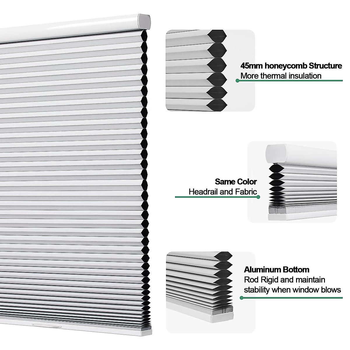 Toanture Custom Cordless Cellular Blinds, Easy to Install Blackout Honeycomb Window Blinds for Shades, Thermal Insulated Honeycomb Blinds for Bedroom, Office(White,Custom Size)