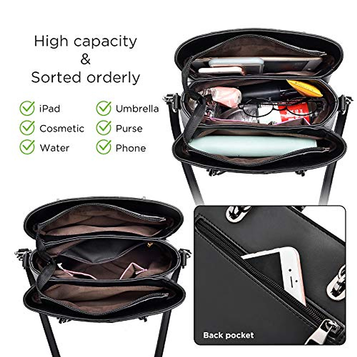 Womens Leather Handbags Purse Top-handle Bags Contrast Color Stitching Totes Satchel Shoulder Bag for Ladies Black