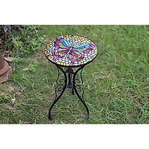LIFFY Outdoor Mosaic Side Table - Butterfly Round End Table - Small Patio Side Table - Glass Garden Side Table for Yard,Lawn