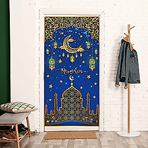FARMNALL Eid Ramadan Mubarak Door Cover Ramadan Decorations Moon and Star Mosque Lattern Islamic Decorations Door Banner Holiday Decor Pattern Supplies for Home Office