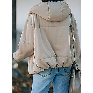 Dokotoo Womens Oversized Fashion Windbreaker Winter Autumn Full Zipper Front Drawstring Hooded Bomber Puffer Jacket Baggy Short Coats for Women Warm Comfy Soft Outerwear with Pockets Beige S