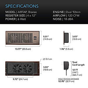 AC Infinity AIRTAP T4, Quiet Register Booster Fan with Thermostat 10-Speed Control, Heating Cooling AC Vent, Fits 4” x 12” Register Holes, Bronze