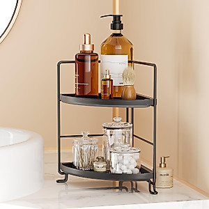 NLBTW 2 Tier Corner Bathroom Countertop Organizer, Stackable Storage Shelf for Vanity Makeup Perfume Shelf, Kitchen Spice Rack or Bedroom Small Object Storage Standing Counter (Black & Black)