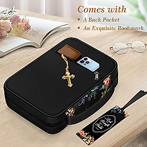 Floral Bible Cover w/A Bookmark, FINPAC Carrying Book Case Church Bag Bible Protective with Handle and Zippered Back Pocket, Perfect Gift for Girls Women Mother Kids (Black)