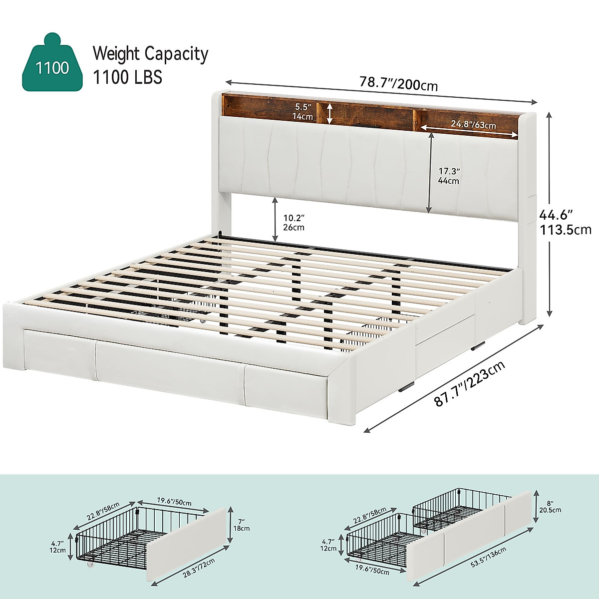 DWVO LED Bed Frame King Size, Storage Bed Frame with 4 Drawers & LED Light, Upholstered Platform Bed with Storage Bookcase Headboard and Charging Station, No Box Spring Needed, Easy Assembly, Beige
