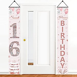 Pink and Rose Gold Sweet 16th Birthday Door Banner Decorations for Girls, Happy 16 Years Old Birthday Party Supplies Decor, Sweet sixteen Birthday Porch Sign for Indoor Outdoor
