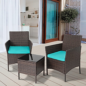3-Piece Patio Bistro Set Wicker Conversation Set Outdoor Furniture Sets with 2 PE Rattan Wicker Chairs, 2 Cushions,1 Coffee Table for Yard Garden