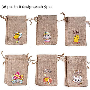 DIYASY 36 Pcs Easter Burlap Goody Bags,Egg Bunny Chick Treat Drawstring Linen Bags for Easter Party Favor.