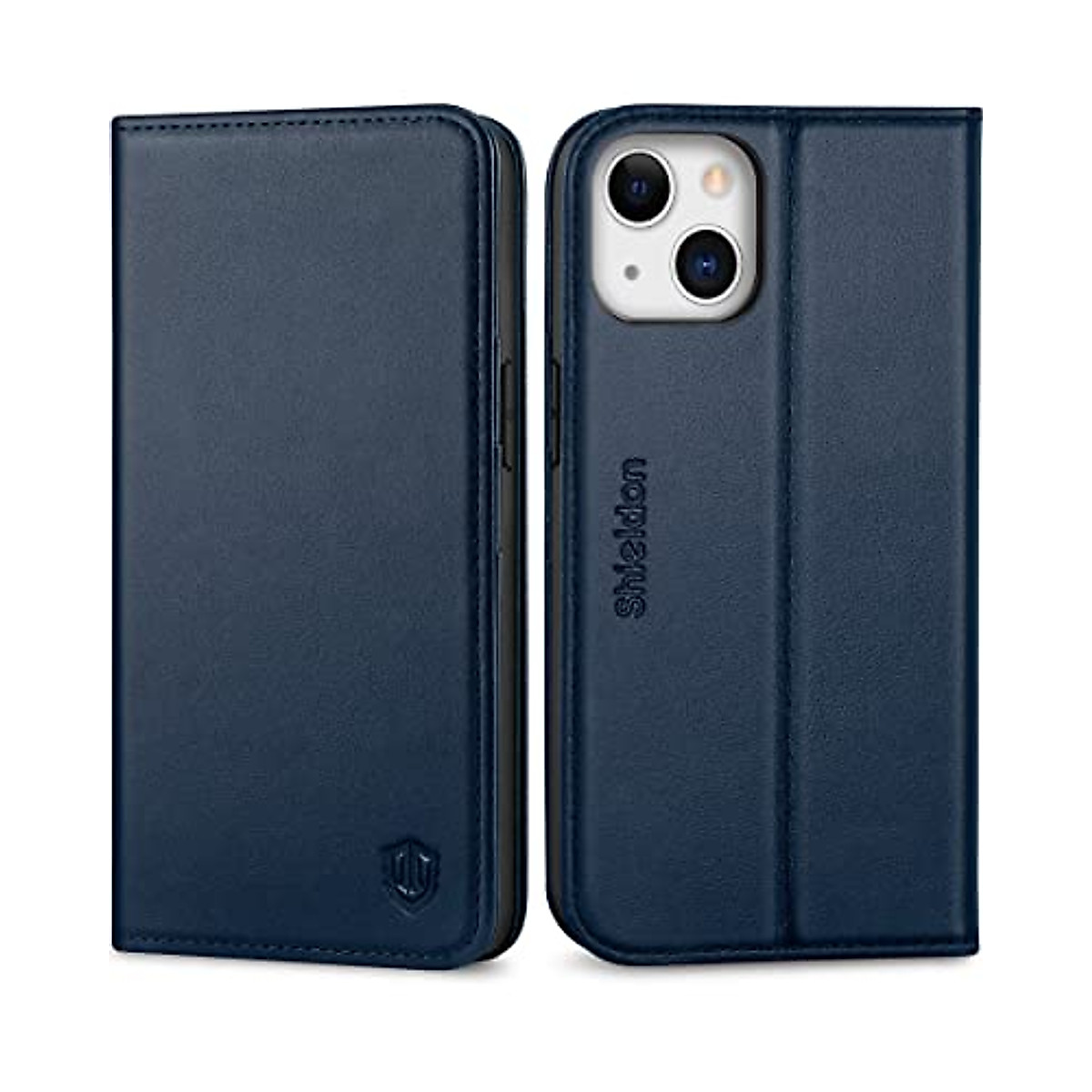SHIELDON Case for iPhone 13 6.1", Genuine Leather iPhone 13 Wallet Folio Case with Kickstand RFID Blocking Card Holder Magnetic Full Protection Shockproof Case Compatible with iPhone 13 5G - Navy Blue