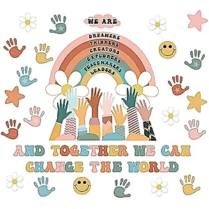 92 Pieces One World Together Classroom Decorations We Can Change The World Classroom Wall Decor We are and Together Hands Cutouts with Stars Rainbow Cutouts for School Classroom Decor (Retro)