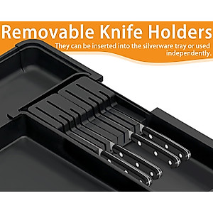 Homecor Utensil Drawer Organizer, Large Expandable Silverware Organizer for Kitchen Drawer, Cooking Utensils Tray Cutlery Flatware Holder with Removable Knife Blocks, Kitchen Gadgets Storage, Black