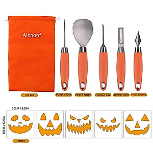 Aichoof Pumpkin Carving Kit, Set of 11 Included 5pcs Pumpkin Carving Tool, 5pcs Pattern Stencils and Drawstring Storage Bag,Stainless Steel Blade with Soft Grip Handle,Gift Box Package,Dishwasher safe