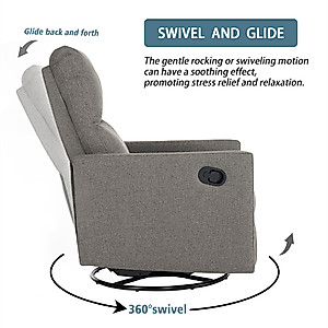 Ketaiyou Swivel Rocking Recliner Chair for Adults, Rocker Nursery Glider Chair for Living Room Bedroom, Upholstered Fabric Reclining Single Sofa Chair(Grey)