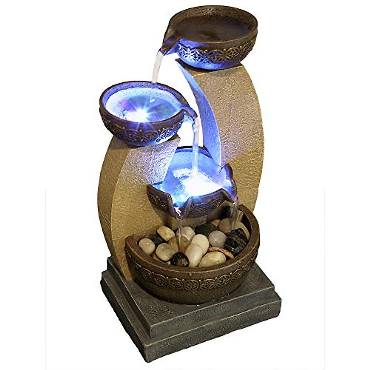 11" H Golden Tiered Bowl Fountain with Color Changing LED Lights with Adapter Brown