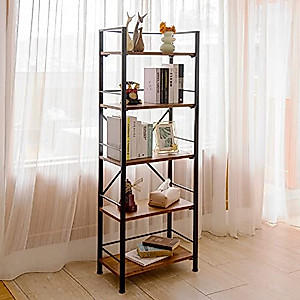 Crofy Rustic Bookshelf, 5 Tier Real Wood Bookshelf, Metal Book Shelf for Storage, Black Bookcase, 12.6" D x 23.62" W x 64.17" H