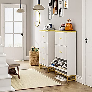 Tribesigns Shoe Cabinet with 3 Flip Drawers, Modern 18-24 Pair Shoe Rack Organizer with 2 Hanging Hooks, Freestanding Tipping Bucket Shoe Storage Cabinet for Entryway