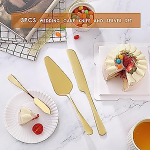 Wedding Cake Knife and Server Set, Little Cook 3PCS Cake Cutting Set for Wedding, includes 9.25" Cake Knife, 9" Cake Server and 6.7" Cake Pie Spatula, Stainless Steel Cake Cutter, Gold