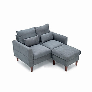 anana 2 Seater Sofa with Footstool, Linen Fabric Love Seat Solid Wood Legs Cushion Back Couch for Small Space Living Room (Gray, 2 Seater with Ottoman)