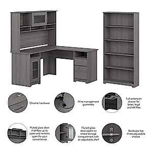Bush Furniture Cabot L Desk with Hutch and 5 Shelf Bookcase, 60W, Modern Gray