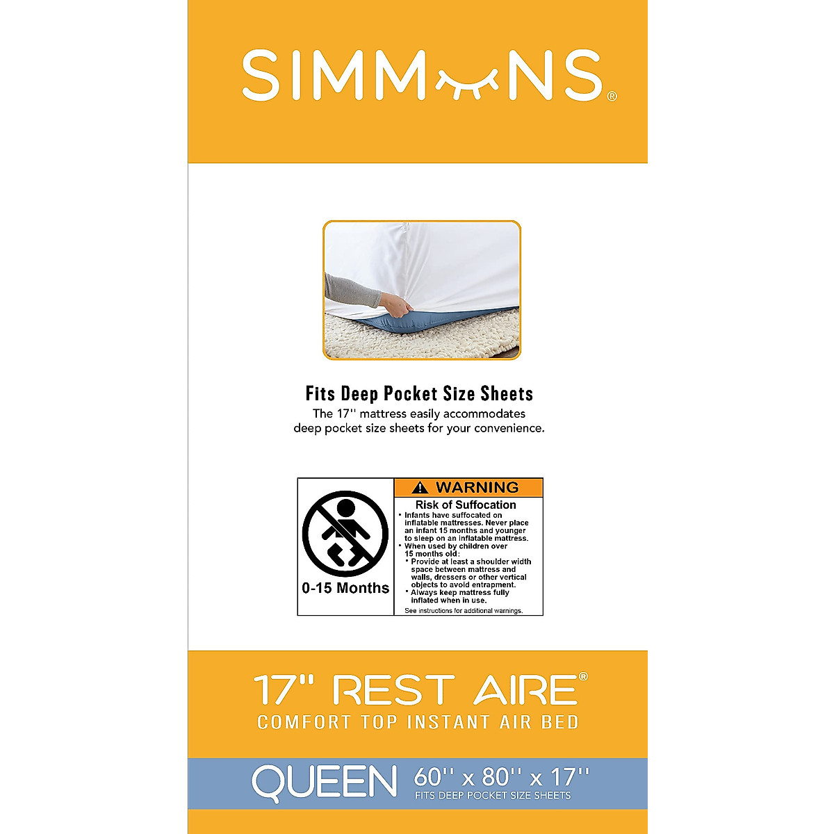 Simmons Rest Aire Mattress Air Bed with Side Built-in Pump and Soft Velveteen Topper, 17" Queen
