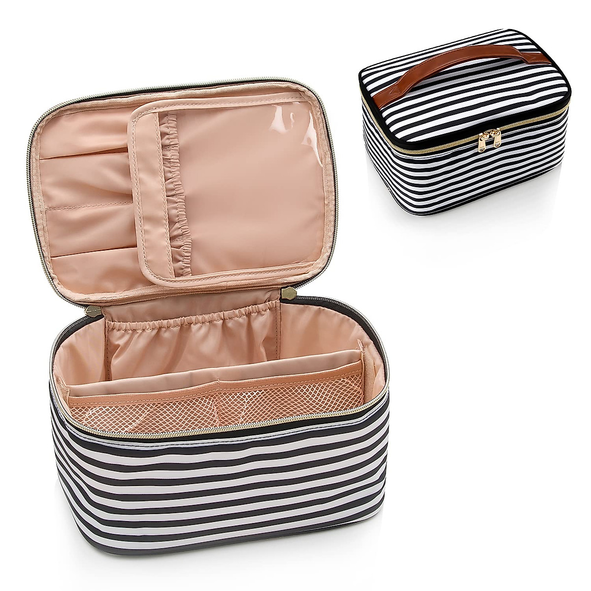 OCHEAL Makeup Organizer Bag, Travel Makeup Bag Organizer Case Portable Cosmetic Bag Make Up Bag for Women And Girls Cosmetics Toiletries with Brushes Slots and Divider-Black/White Stripes
