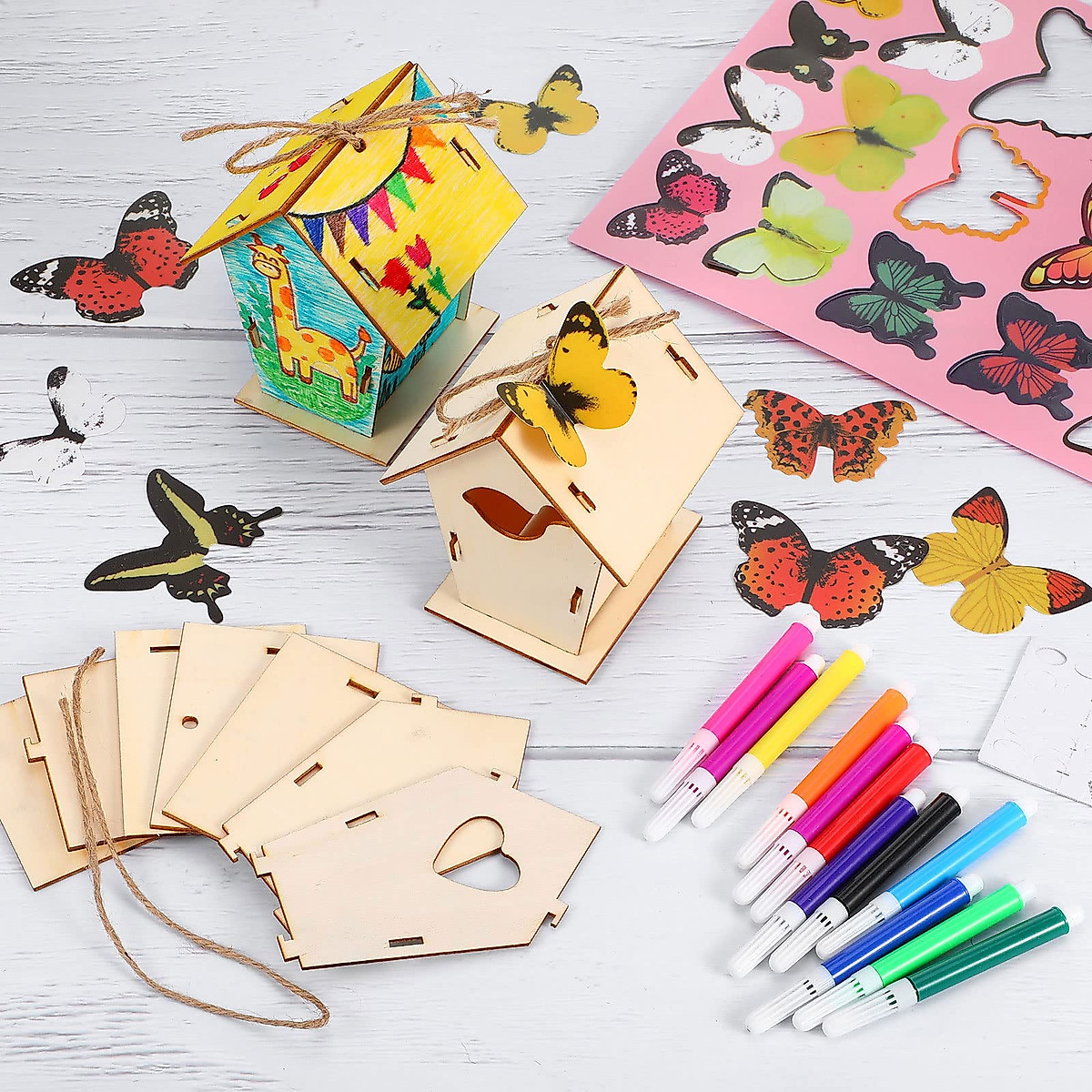 Outus Wooden DIY Craft Doodle Small Bird House Set Include Unfinished Wood Mini Bird House to Paint and Watercolor Paint Pen and 3D Butterfly Wall Sticker Decals for Kids Adults (15 Sets)