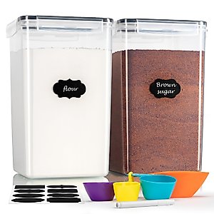 GCZXNSYM Extra Large Food Storage Containers with Lids | Airtight, Leak Proof, Plastic, BPA Free, Kitchen Items, Set of 2 (6.5L / 220 Oz) 8 PCS Labels&4 Spoons&1 White Pen for Sugar, Coffee, Bakin