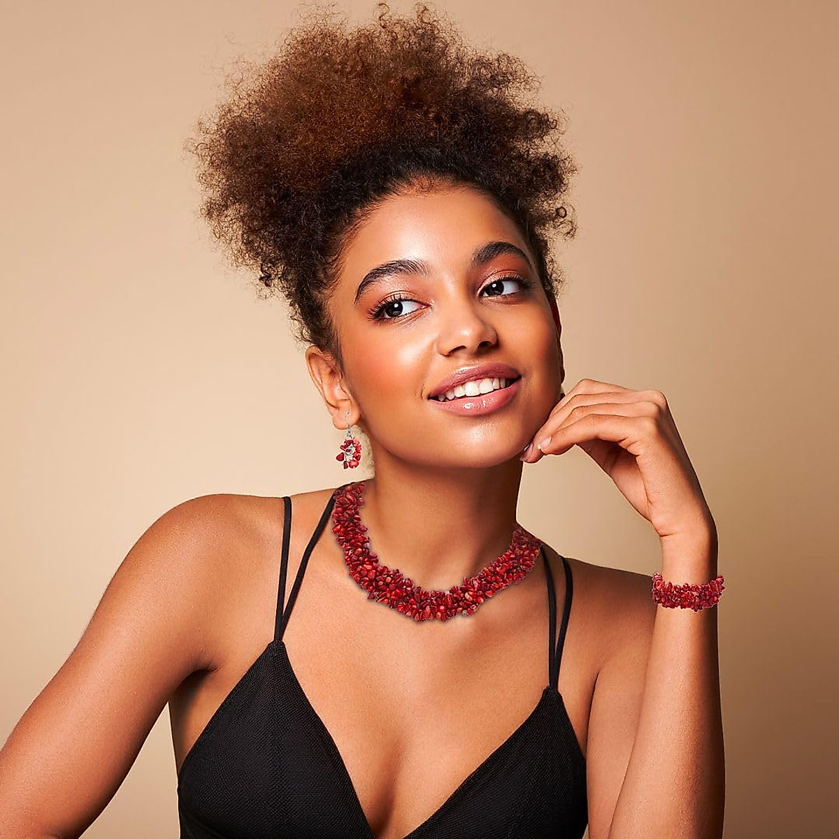 Shop LC Red Coral Gemstone Chips Necklace, Earrings & Bracelet Set - Cluster Stainless Steel Jewelry for Women - Boho Beach Healing Crystal Jewelry - Necklace Length 18" - Stretchable Bracelet Gifts