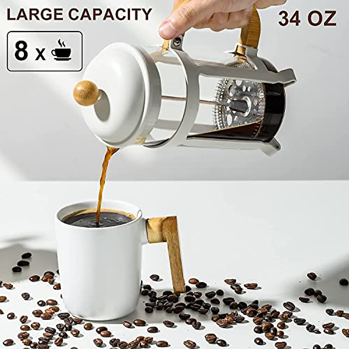 PARACITY French Press Coffee/Tea Maker 34 OZ with 2 Replaceable Filter, Camping Large Coffee/Tea Press of bamboo handle and Heat Resistant Glass, Cold Brew French Press