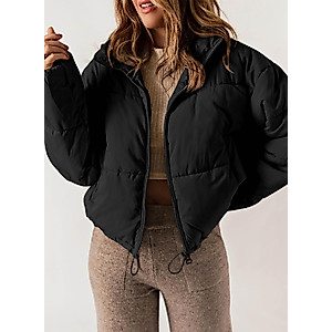 Dokotoo Puffer Jacket Womens Winter Casual Quilted Jackets Fashion Fall Full Zip Up Long Sleeve Drop Shoulder Oversized Stand Collar Padded Coats Baggy Warm Outerwear with Pockets Black X-Large