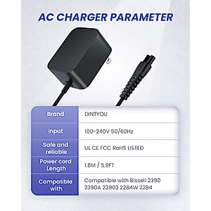 Replacement for Bissell Pet Hair Eraser Charger, Power Cord Compatible with Bissell 2390 2390A 23903 2284W 2284 14.4V Lithium Ion Cordless Handheld Vacuum 1614206 Adapter