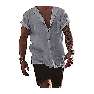 MBETA Cotton and Linen Solid Color Cardigan Loose Short Sleeve Shirt Suitable for Summer Menswear
