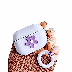 Ownest Compatible for AirPods Case Cute Cartoon Flower Pattern Girls Woman Soft Silicone Shockproof Keychain Design Cover for Airpods Pro-Purple