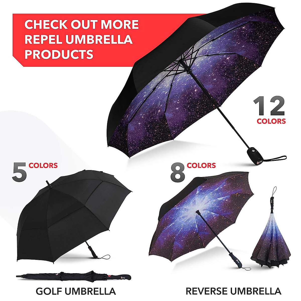 Repel Original Portable Travel Umbrella - Windproof, Compact for Rain & Wind - Perfect On-the-Go, Car & Backpack Umbrella