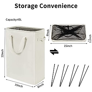 ZERO JET LAG Slim Laundry Hamper Beige and Grey Handles Collapsible Laundry Basket Thin Dirty Clothes Basket Narrow Laundry Bag Foldable Dirty Hamper