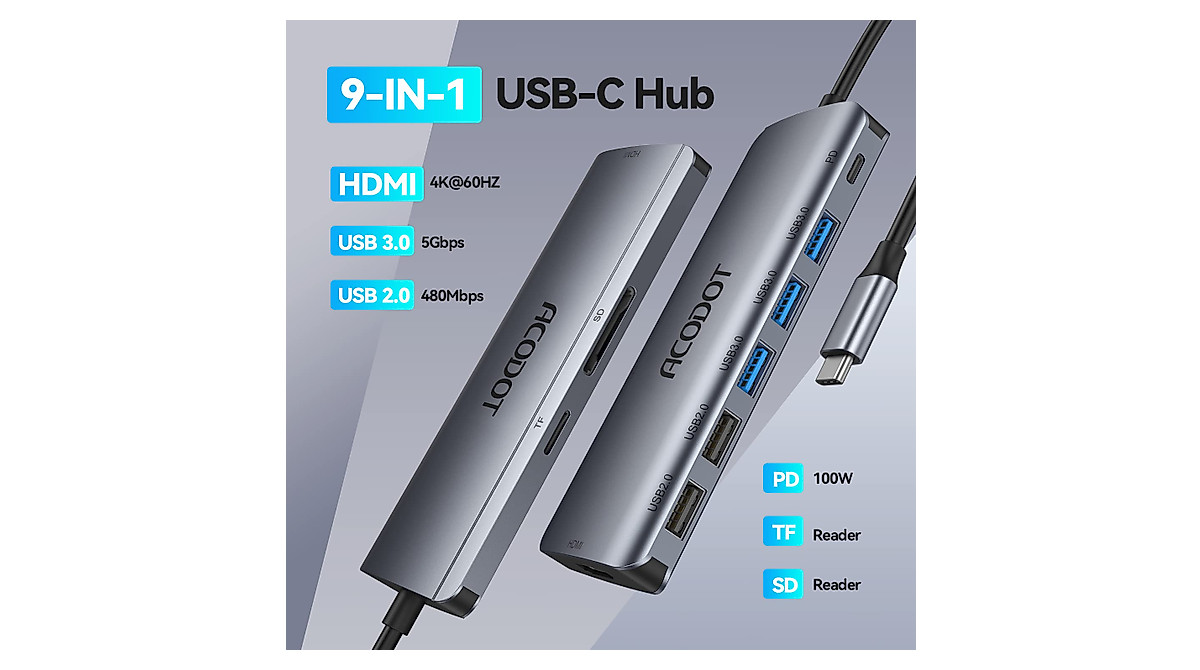 Acodot 9-in-1 USB C Hub - Multiport Adapter for MacBook