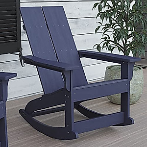 Flash Furniture Finn Modern Commercial Grade Poly Resin Wood Adirondack Rocking Chair - All Weather Navy Polystyrene - Dual Slat Back - Stainless Steel Hardware