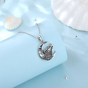 Vito Sterling Silver Wolf Moon Necklace for Women Men, Viking Wolf Moonstone Crescent Pendant Abalone Oxidized Jewelry Gifts, 18 Inch Chain