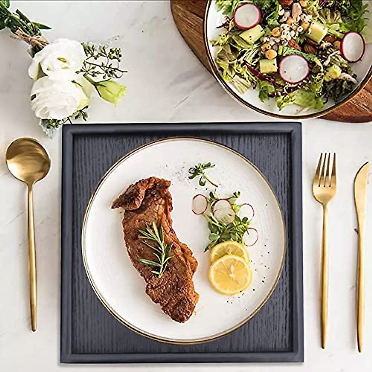 Solid Wood Serving Tray, Square Non-Slip Tea Coffee Snack Plate, Serving Tray with Raised Edges, for Home Kitchen Restaurant(11.8x11.8 inch, Black)