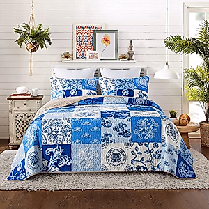 PSL Home- Quilts Queen Size, 100% Cotton Bedspreads Queen Sized, Quilt Sets Coverlet for The Bed, Quilt Bedding Set, Quilted Comforter Bed Spread Prime, Plaid Floral Pattern 3 Pieces (Blue White)