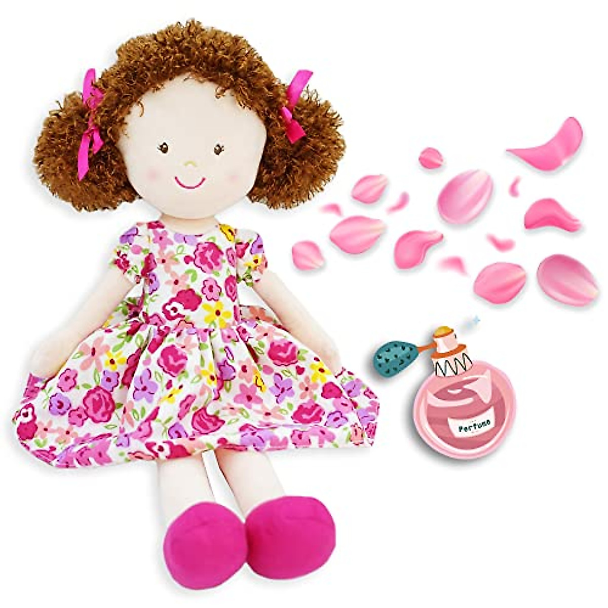 June Garden 16" Rose Scented Soft Doll Rosa - Stuffed Cuddly Plush Doll Gifts for Girls - Pink Floral Dress