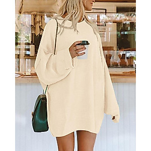 BTFBM 2024 Womens Sweaters Casual Crewneck Long Sleeve Oversized Sweater Dress Fall Winter Loose Slouchy Soft Pullover(Solid Beige, Medium)