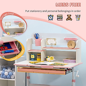 Qaba Wooden Kids Study Desk, Height Adjustable Children School Study Table, Student Writing Desk with Tilt Desktop, Drawer, Storage Shelf, Pen Holder, Pink
