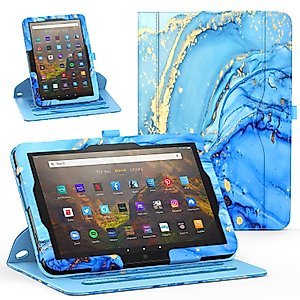 ZoneFoker Case for All New Kindle Fire HD 10 Tablet & Fire HD 10 Plus (11th/13th Generation, 2021/2023 Released), 360 Degree Rotating Stand Cover with Auto Sleep/Wake & Pencil Holder, Marble Blue